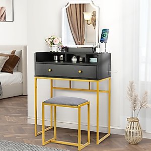 VOWNER Makeup Vanity Desk with Lighted Mirror, 3 Color Dimmable Vanity Table Set for Bedroom with Power Outlet, Drawer & Cushioned Stool, Black, VOWNER-172