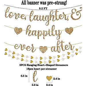 Pre-Strung Love Laughter & Happily Ever After Banner for Wedding Shower Decorations, Gold Glitter Banner Sign with 13FT Heart Streamers Garland for Bachelorette Party Bridal Shower Engagement