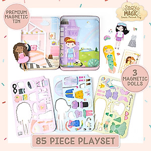 Story Magic Dress-Up Dolls Playset, Pretend Play Magnetic Case, Magnet Outfit and Accessory Pieces, Great for Travel or Playdates, Magnetic On The Go Activity Set for Ages 4, 5, 6, 7 , Pink