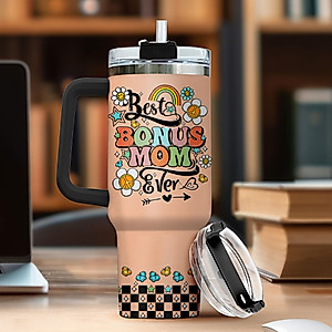 99OWL For Day Momma Cups Be Mothers Cup Women Straws Mama Green Brown Insulated, Bonus Mom Checked Inspiration, Tumbler 40 Oz With Handle Lid And Straw, Bonus Mom Gifts