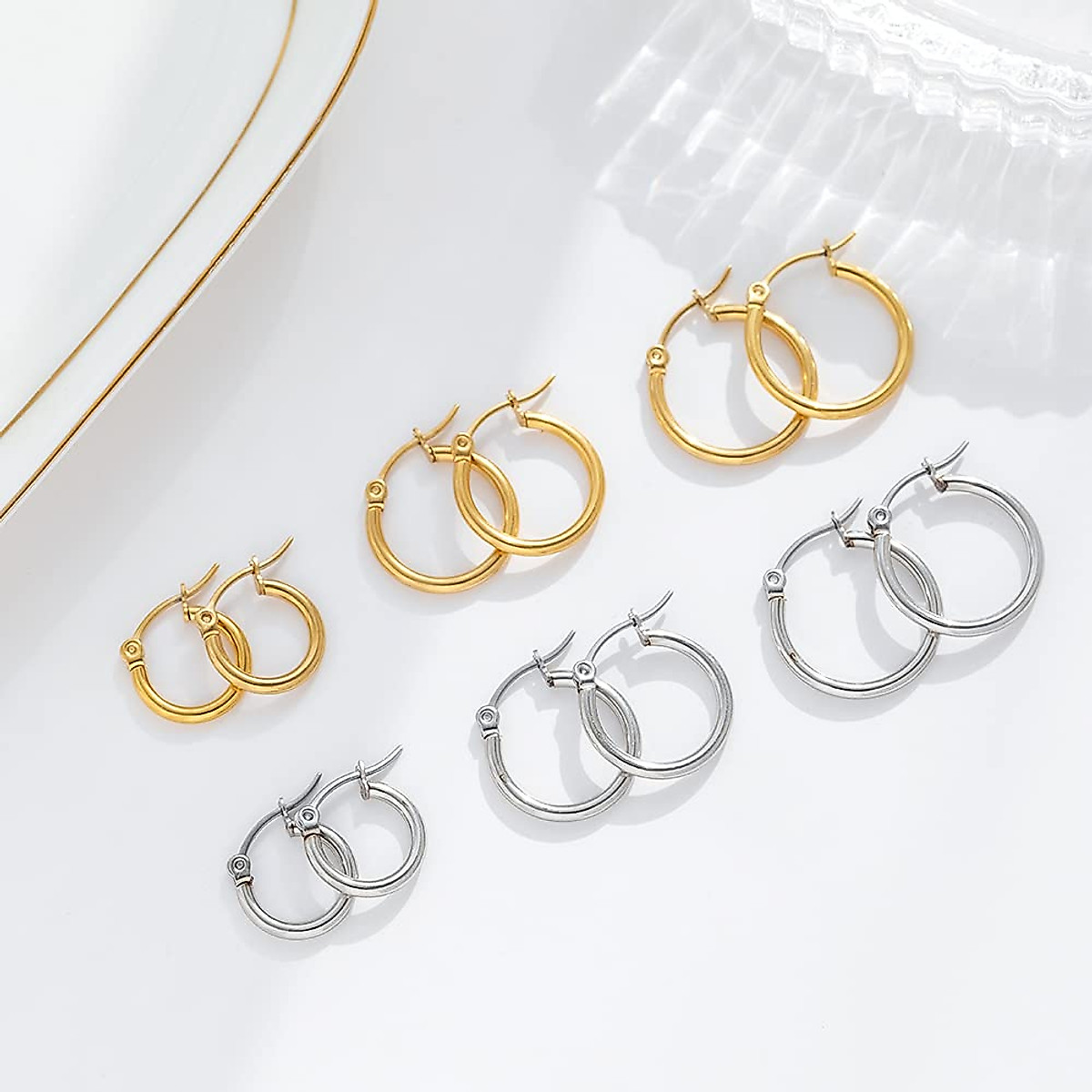 6 Pairs Gold Silver Hoop Earrings for Women Men, Small Endless Stainless Steel Hypoallergenic Earrings Set, Lightweight Nickel Free Cartilage Earingings