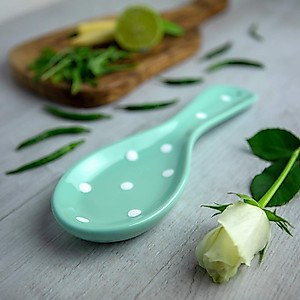 Handmade Teal Blue and White Polka Dot Ceramic Kitchen Cooking Spoon Rest | Pottery Utensil Holder | Housewarming Gift by City to Cottage®