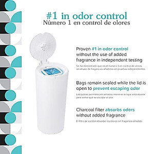 PurePail Classic Diaper Pail – White, Blocks Odors with No Added Fragrance, Holds 20% More Diapers & Generates Less Waste, No Cutting, No Canisters, Includes 1 Pail + 2 Refill Bags + 1 Charcoal Filter