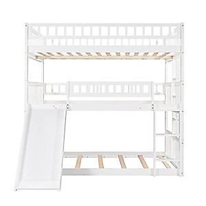 OYN Wooden Full-Over-Full-Over-Full Triple Bed Frame with 2 Built-in Ladder and Slide ,Triple Bed with Full Length Guardrails for Children, Teens ,Boys & Girls, White