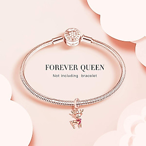 Reindeer Dangle Charm fit for Pandora Charms Bracelets 925 Sterling Silver with Cubic Zirconia Rose Gold Plated Christmas Gift Jewelry for Women and