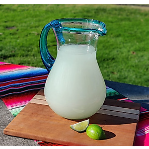 Mexican Hand Blown Glass Pitcher – Aqua Rim and Handle (84 oz)