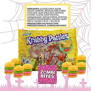 Burger Gummy Bundle. Includes One-5.08 Oz Bag of Spongebob SquarePants Krabby Patty Gummies Plus a Zombibites Fridge Magnet. Krabby Patty Gummies are Fat Free Gummy Candies!