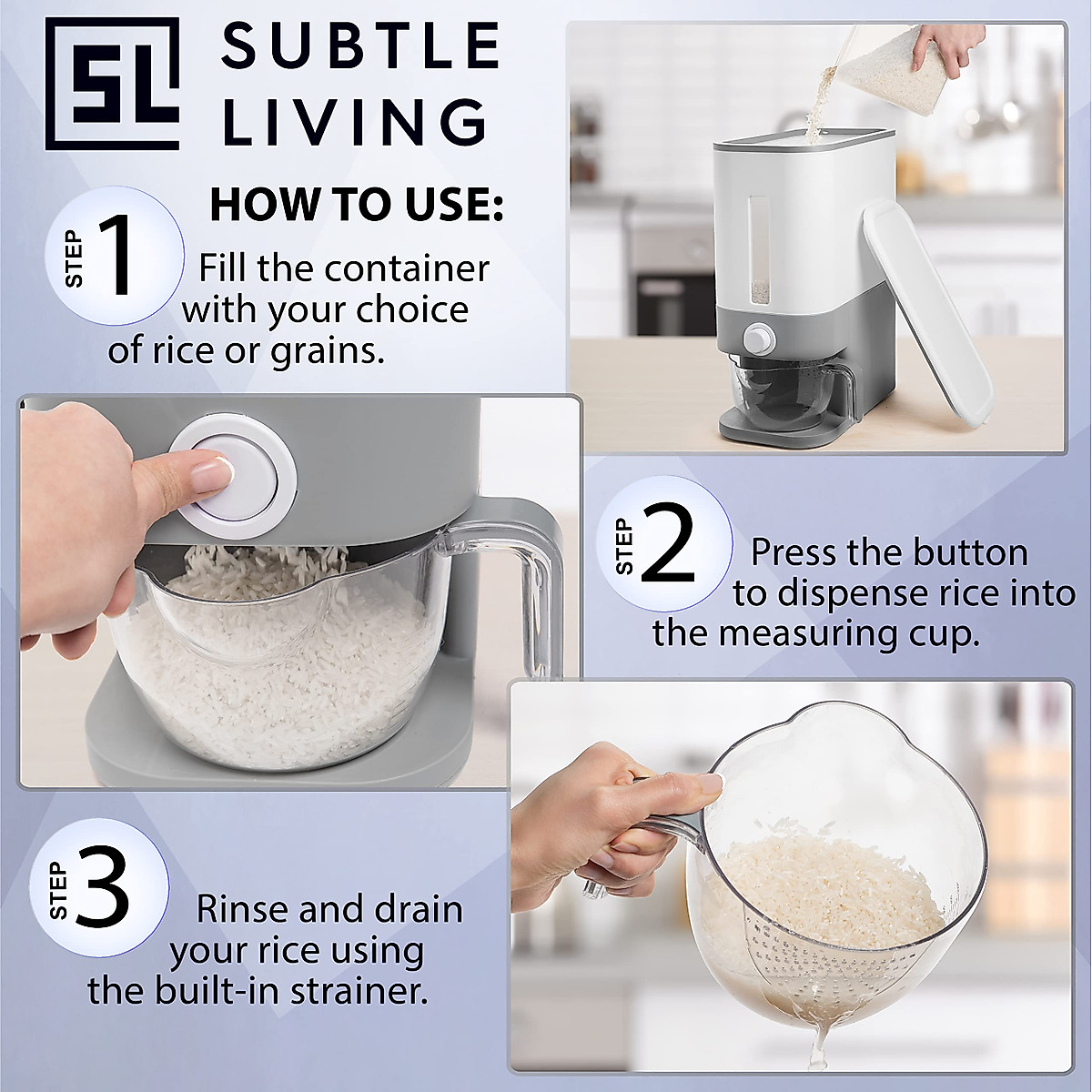 Subtle Living Qudasar Rice Dispenser - Automatic Rice Dispensing Bin - Large (22 liters) - Minimalist Style - Rice Storage Container