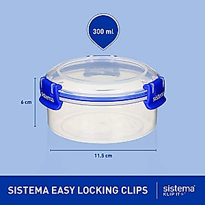 Sistema KLIP IT Round Food Storage Containers | BPA-Free | Blue Clips | 300 ml | 4 Count