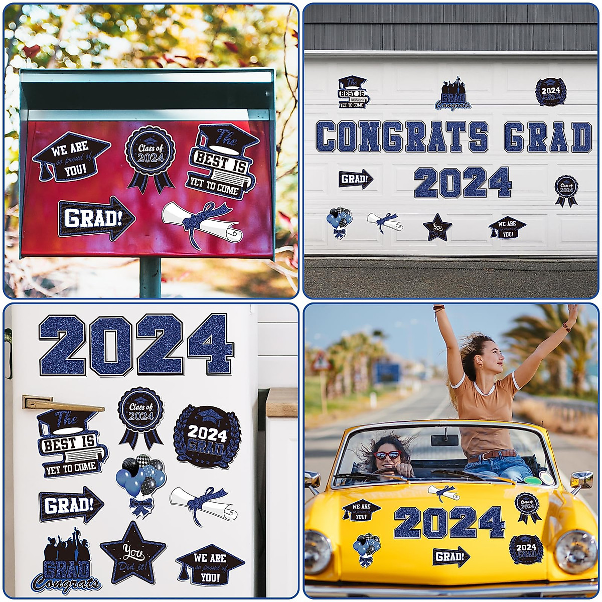 2024 Graduation Car Magnet Decoration 25Pcs, Magnetic Congrats Grad 2024 Refrigerator Garage Door Stickers, Class of 2024 Graduation Car Magnet Decal for Parade Decor Graduation Party Supplies (Blue)