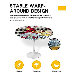 Spring Summer Sunflower Gnome Round Waterproof Table Cover Fitted Tablecloth,Black White Buffalo Plaid Check Wipeable Fabric Elastic Table Cloth Oil-Proof Tablecover for Outdoor Picnic Party,36"-44"