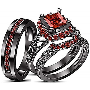 Charming_Creation 2.00 Ct Princess Cut Ruby Wedding Engagement His Her Trio Band Ring Set 14k Black Gold Finish (11)