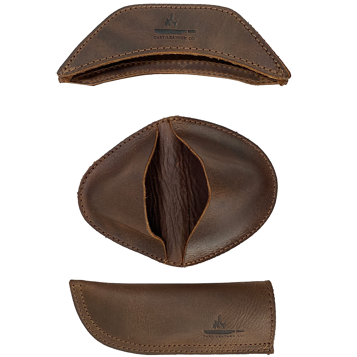 Cast Leather Co. - Rustic Hot Handle Holders (Set of 3) Panhandle, Side Kick & Grip Mitt Handmade from Full Grain Leahter, Assist Grip for Cast Iron Skillets & Pans - Bourbon Brown