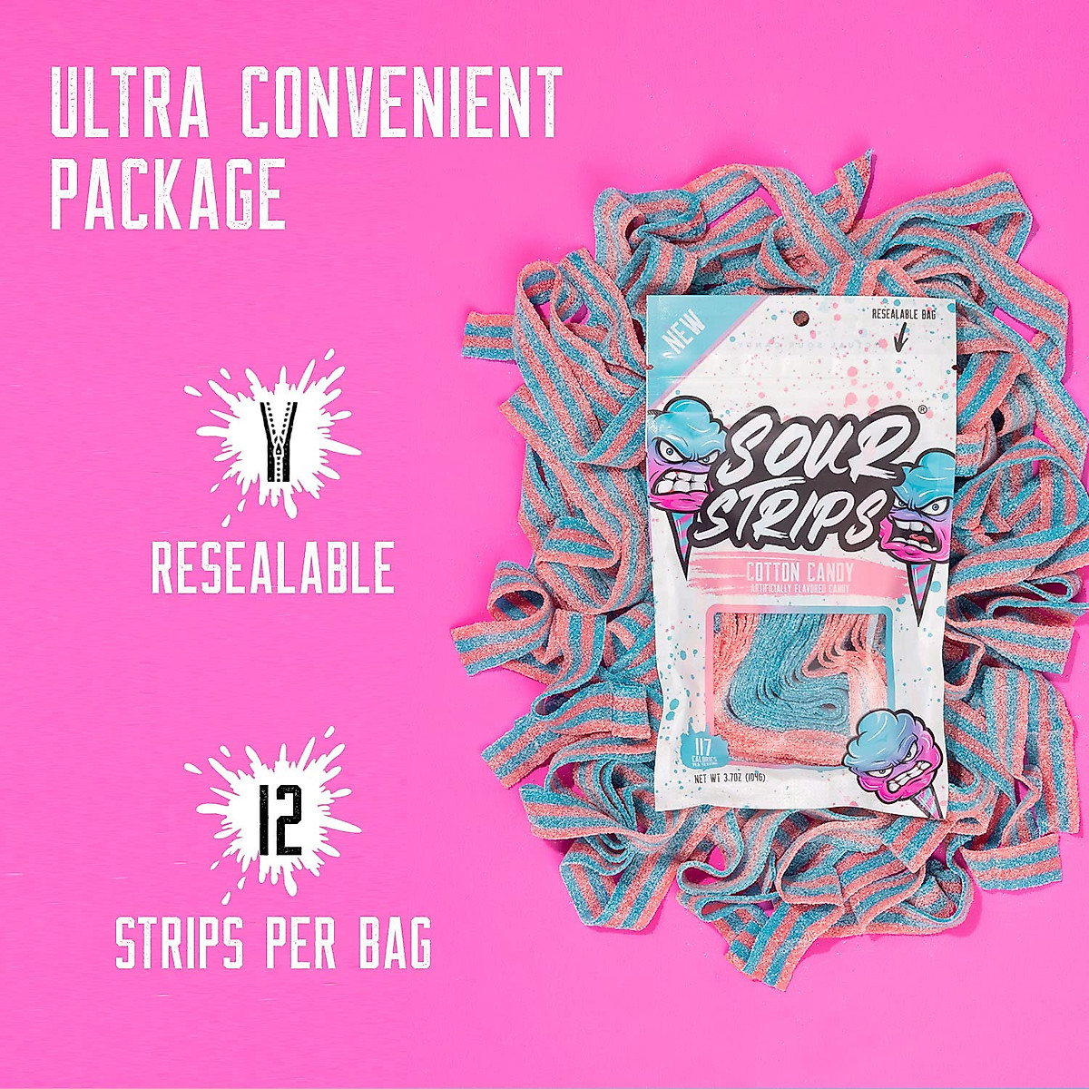 SOUR STRIPS Cotton Candy Flavored | Deliciously Chewy Belts Vegetarian Candies, 12 per Pack, 2 Pack