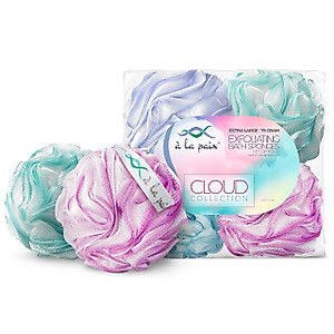 Loofah-Bath Sponge-White w/Color Set-XL-75g by À La Paix-Extra Large 4 Pack Soft Mesh Loufa Puff-Exfoliating Luffa Body Scrubber Women & Men Silky Skin -Long-Handle Body Exfoliator-Bathing Accessories