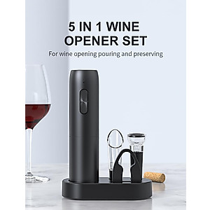 VGY Rechargeable Electric Wine Opener, 5 in 1 set with Automatic Electric Wine Bottle Corkscrew Opener, Foil Cutter, Vacuum Stopper, Wine Pourer and Storage Charging Stand
