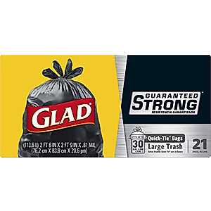 GLAD Strong Quick-Tie Large Trash Bags, 30 Gallon Bags for Large Kitchen Trash Can, 21 Count (Package May Vary)