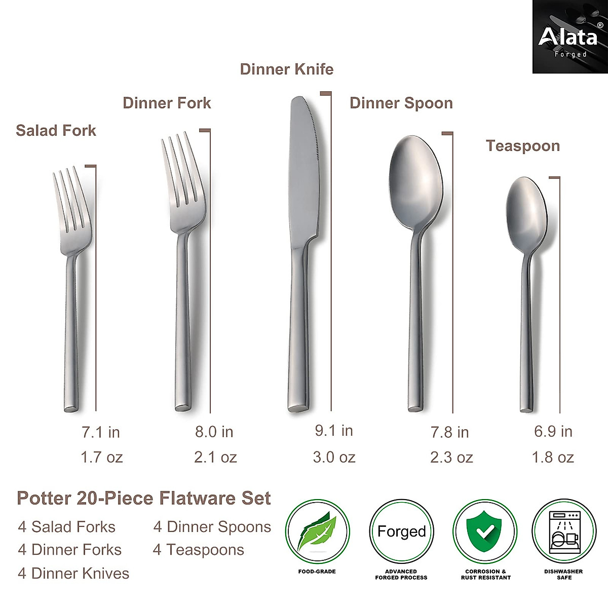 Alata Potter 20-Piece Forged Silverware Set, Service for 4 – Premium Stainless Steel Flatware Set, Modern Design with Satin Finish, Ideal for Home, Kitchen, Party, Camping