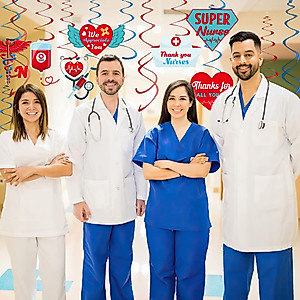 Nurses Week Decorations, 38PCS Nurses Hanging Swirls Decorations 2024, Blue Red Swirls School RN Nurse Graduation Decor, Happy Nurses Week Appreciation Swirls for Nursing Graduation Party Supplies