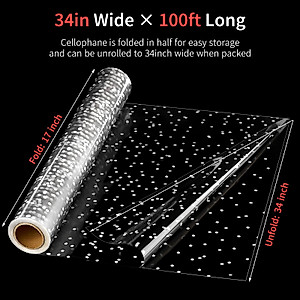 Jutieuo Clear Cellophane Wrap Roll | 100’Ft. Long X 34”In. Extra Wide | 2.5 Mil Thick Crystal Clear with Irregular White Dot | Bouquet, Baskets, Gifts, Crafts, Treats, Wrapping | Food Grade