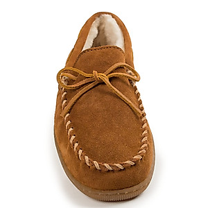 Minnetonka Mens Pile Lined Moccasin Slipper with Hard Soles Brown, 8.5