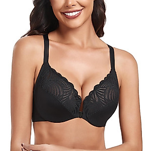 HACI Women's Front Closure Bra Underwire Unpadded T-Back Plus Size Lacy Full Coverage Racerback T-Shirt Unlined(Black,40G)