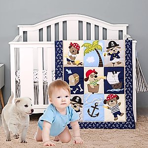 Brandream Baby Crib Bedding Sets for Boys | 4-Piece Blue Nursery Set Nautical Anchor Palm Dog Pirate Theme
