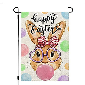 CROWNED BEAUTY Happy Easter Bunny Garden Flag Bubbles 12x18 Inch Double Sided for Outside Burlap Small Yard Holiday Decoration CF703-12