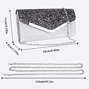 Larcenciel Clutch Purses for Women, Shiny Sequin Envelope Clutch Evening Bag w/Chain, Fashion Shoulder Crossbody Handbags Party Prom Purse Bride Wedding Guest Clutch Dress Carry on Bag (Sliver Black)