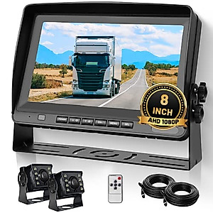 Dual Backup Camera System 8 Inch Monitor with 65FT Video Cable, AHD 1080P Night Vision Waterproof Rear View Cam for Truck/Trailer/Semi-Trailer/Box Truck/RV/Pickup Truck 12-24V