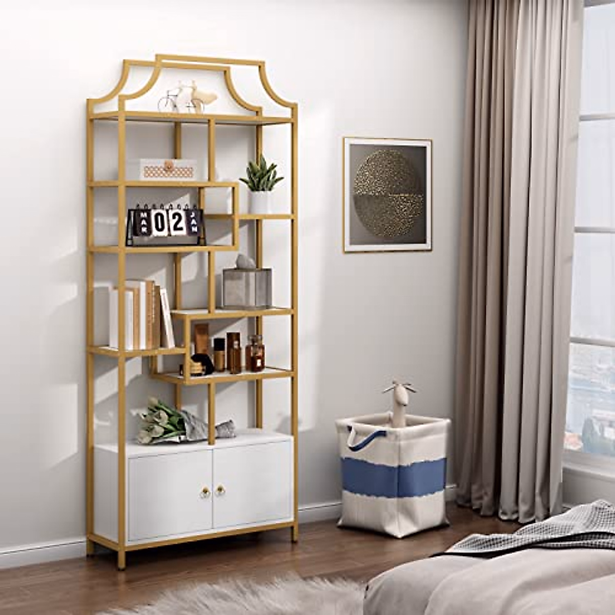 Loomie 8-Open Shelf Bookshelf with Cabinet, 76.77" H Lux Etagere Bookcase, Tall Storage Display Modern Open Book Shelf, Metal Geometric Book Case for Bedroom, Home Office & Living Room, Gold & White