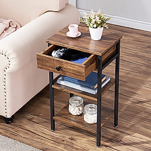VECELO Tall End Side Table,Nightstand with Adjustable Shelf and Bin Drawer for Living Room/Bedroom/Entryway Small Spaces