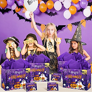 Large Halloween Party Gift Bag, Purple Halloween Paper Bags with Handle Halloween Tissue Paper Cute Pumpkin Skeleton Ghost Halloween Birthday Party Favors Decor for Trick or Treat Party Supplies
