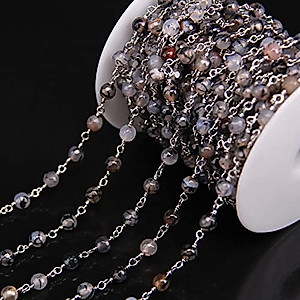 6mm Natural Vein Agates Faceted Round Bead Chain,Black Grey Onyx Gems Link Silver Wire Wrapped Rosary Chains Necklace Carfts