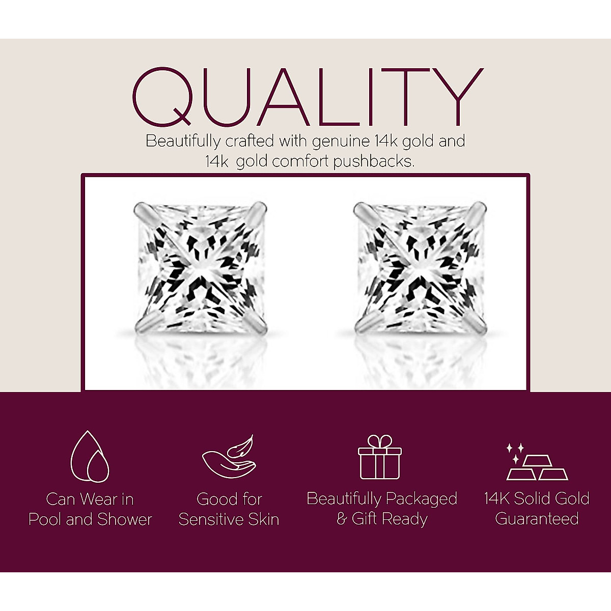 14k White Gold Solitaire Square Princess-cut CZ Stud Earrings with Comfort Screw-backs (3mm)