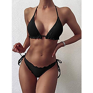 SOLY HUX Women's 2 Piece Swimsuits Bikini Set Sexy Swimwear Halter Triangle Bathing Suit Black