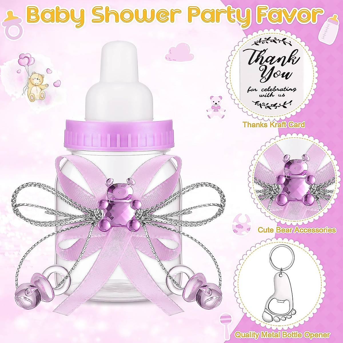 Sunnyray 72 Pcs Baby Shower Bottle Favors 24 Baby Mini Milk Bottles 24 Baby Footprint Keychain Bottle Opener 24 Thanks Tags Party Favors Gift for Girl Boy Baby Shower Decorations (Purple, Silver)