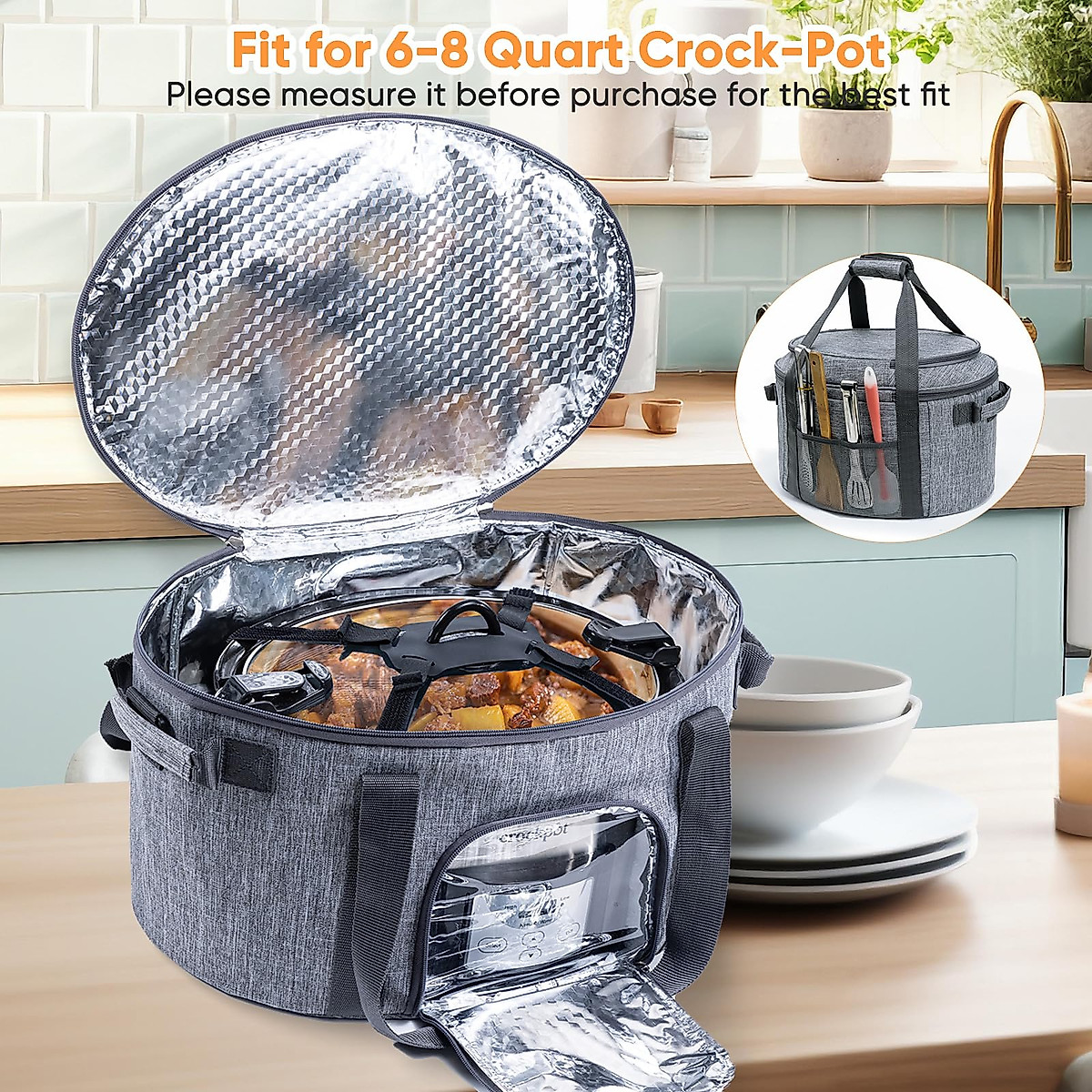 Double-Layer Slow Cooker Carrying Bag for 6-8 Quart CrockPot and Hamlton Beach Slow Cooker, Travel Bag with Lid Fastener for Crock-pot, Portable Carrier Case Slow Cooker Bag with See-thought Window