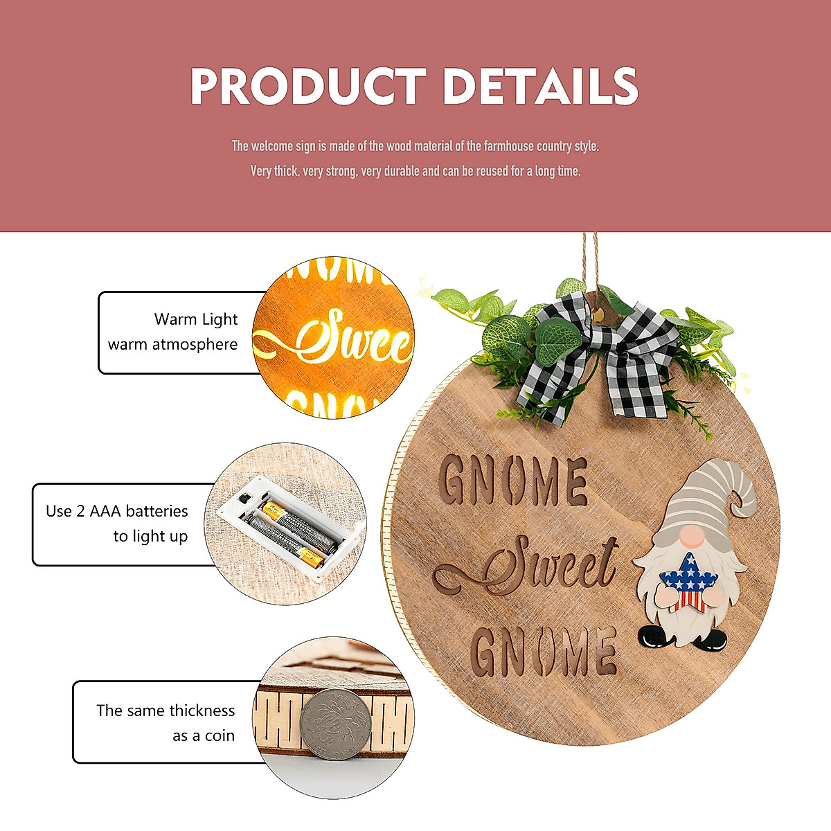 Lighted Interchangeable Gnome Welcome Door Sign, 12 inches Seasonal Front Door Gnome Sweet Gnome Home Decor Hanger, Holiday Wooden Rustic Farmhouse Wall Decor Wreaths with LED Light & 9 Season Icons