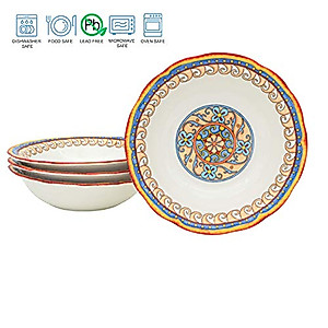 Euro Ceramica Duomo Collection Pasta Bowl Set of 4, Italian Floral Design, Multicolor, gold and cream, 34 fluid ounces