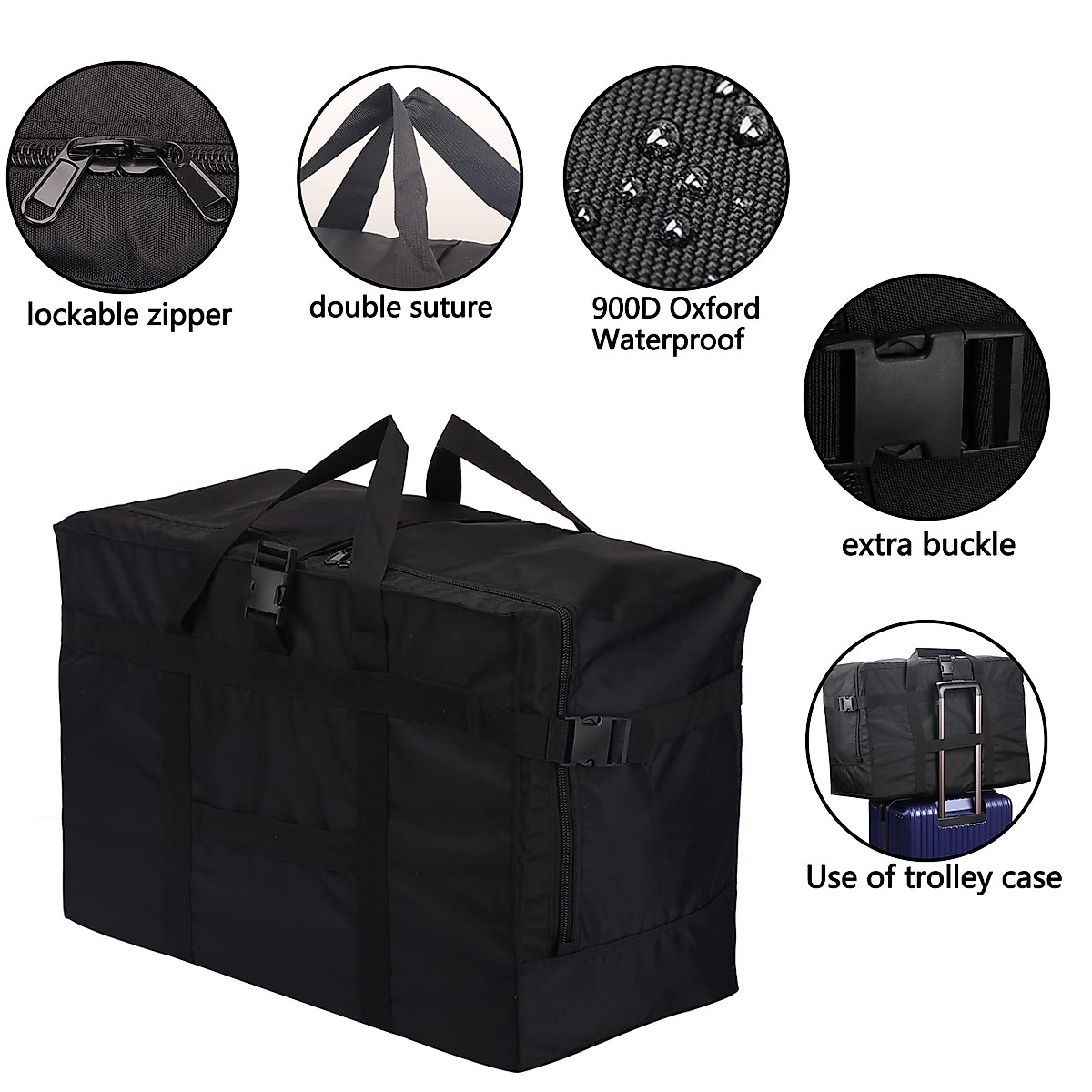 Travel Duffel Bag,75L For Spirit Airlines Foldable Travel Duffle Bag Tote,RicoRich Carry on Luggage Sport Duffle for Weekender/Vacation/Camping/Beach/Tent(Black)