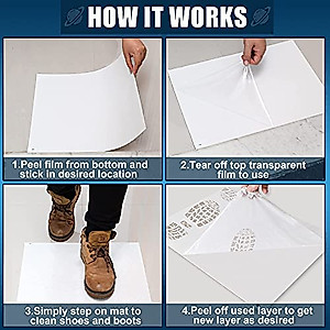Sticky Mat for Construction or Cleanroom Floor - 4 Pack Adhesive Mats 17’’ x 13’’ - 30 Tacky Sheets Per Mat - Removes Dirt Dust Debris Sand Hair - Includes Handheld Mat