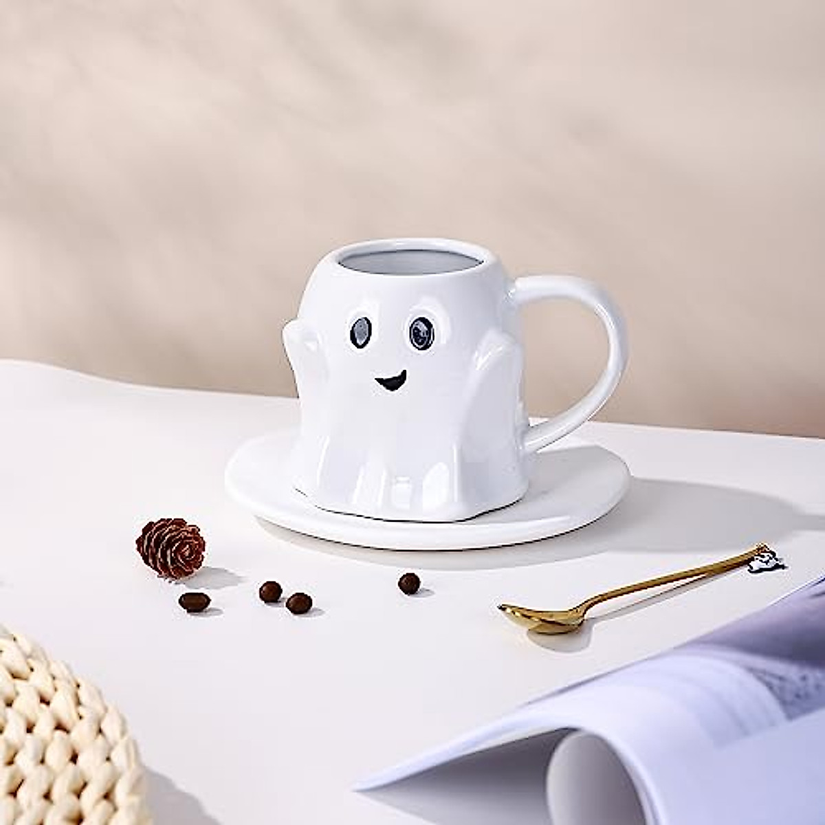 Vroknvs Spooky Ghost Mug - Novelty Ceramic Mug 14oz White Ceramic Ghost Shaped 3D Coffee Cup with Handle and Spoon - Perfect for Halloween Decor and Best Gifts for Coffee Lover