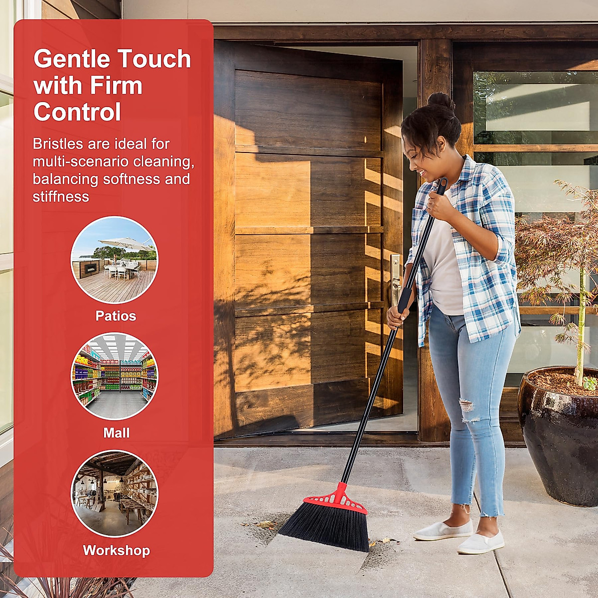 Tiumso Heavy Duty Broom, Outdoor Brooms, Commercial Broom for Sweeping Indoor, Kitchen Broom with 55" Long Handle, Angle Brooms for Patio Kitchen Shop Sidewalk - Black and Red