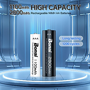 BONAI 16 Bay Battery Charger AA AAA with Rechargeable AA Batteries and Rechargeable AAA Batteries, Ni-Mh Rechargeable Batteries with Charger(Round-Design)