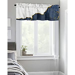 Window Curtain Valances for Kitchen Windows,Natural Marble Abstract Texture Rod Pocket Short Window Valance White Navy Blue Stone with Gold Line Cafe Treatment Valance for Living Room/Bedroom,54x18in