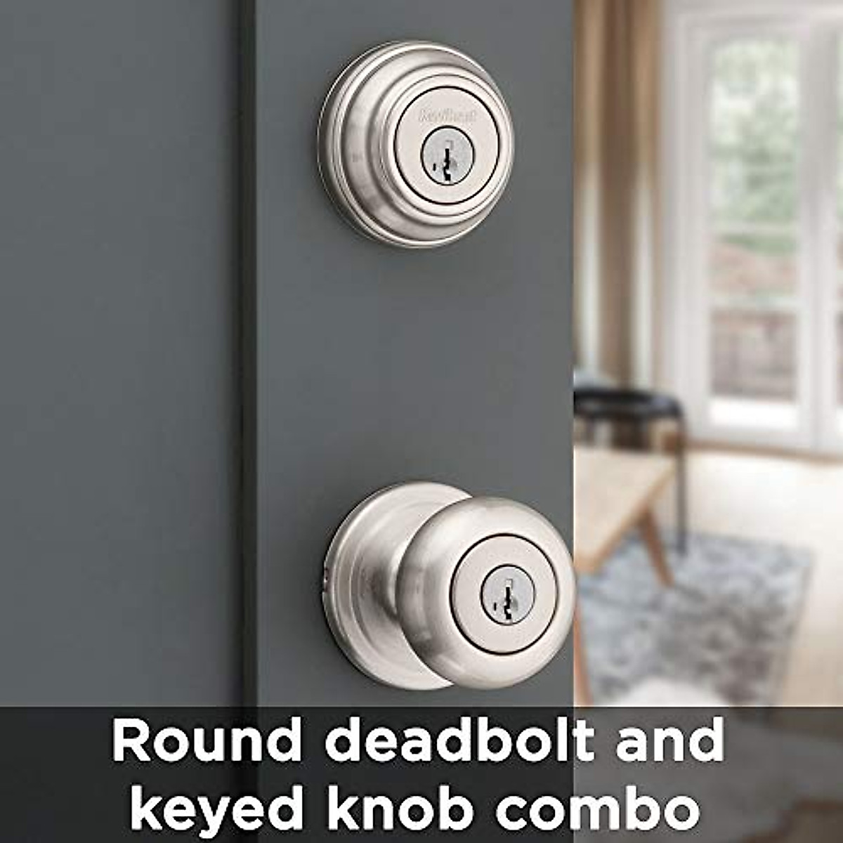 Kwikset Juno Keyed Entry Door Knob and Single Cylinder Deadbolt Combo Pack with Microban Antimicrobial Protection Featuring SmartKey Security in Satin Nickel