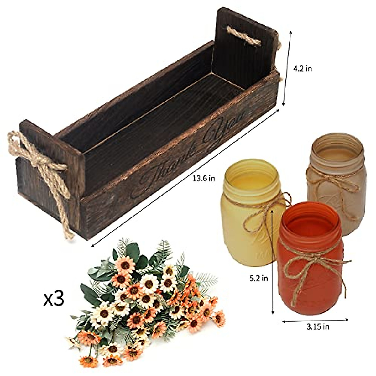 DUOER Mason Jar Centerpiece for Table Decorative Wood Tray with 3 Painted Jars Rustic Farmhouse Decor Centerpiece for Home Kitchen Dinning Living Room Decor,Brown