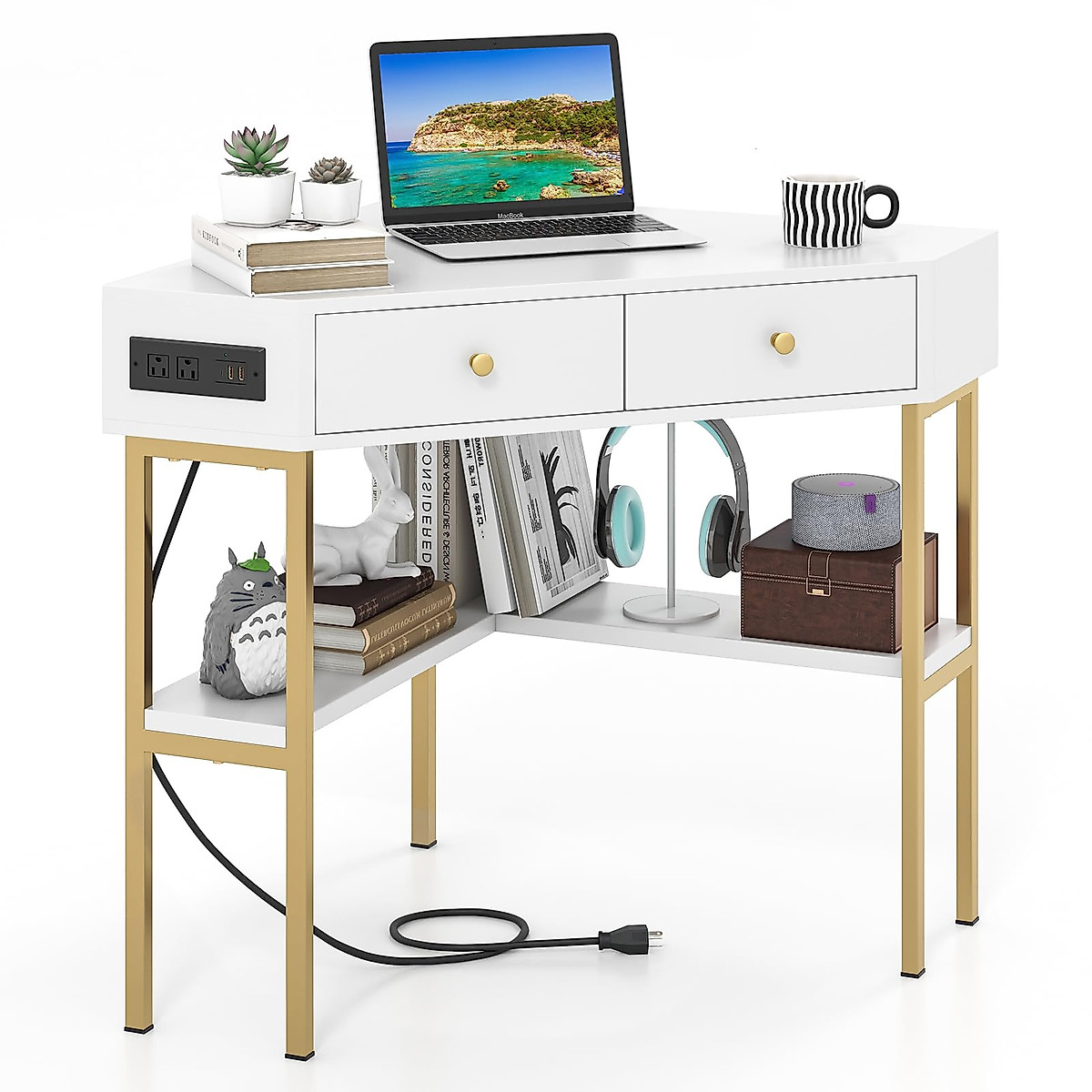 Tangkula White Corner Desk with 2 Drawers & Built-in Charging Station, 90 Degrees Triangle Corner Computer Desk for Small Space, Bedroom Makeup Vanity Desk with Storage Shelves, Corner Writing Desk