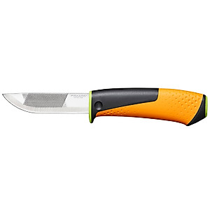 Fiskars Knife including Holster with Integrated Knife Sharpener, Total length: 21.9 cm, Black/orange/green, 1023619, Standard